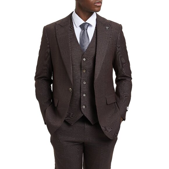 Stacy Adams | Suits & Blazers | Dark Brown Plaid Peak Lapel 3 Piece ...